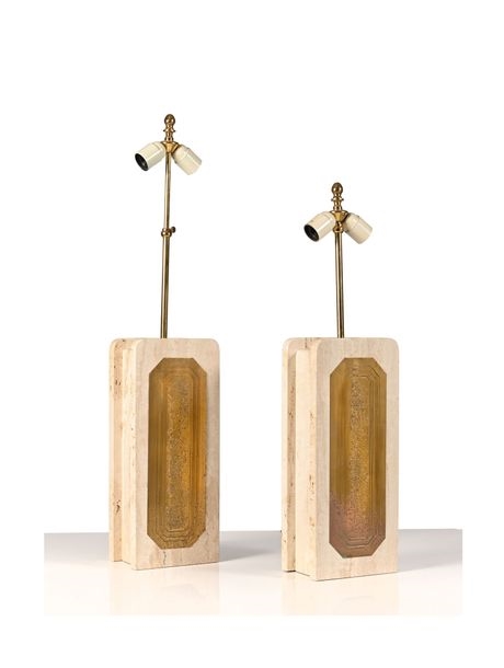 George Mathias | Pair of rectangle lamps in travertine, plated with ...