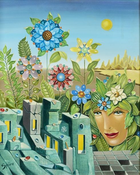 Georges Spiro | Surrealist landscape with flowers and a female face ...