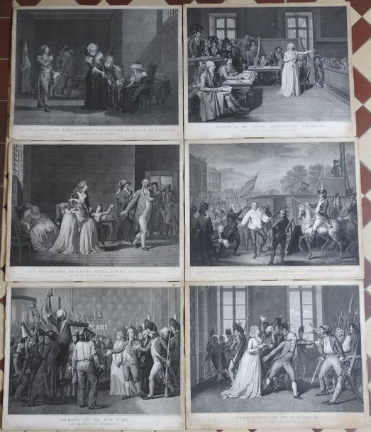 Pierre Bouillon | Suite of six black engravings on the captivity of Louis XVI and Marie ...