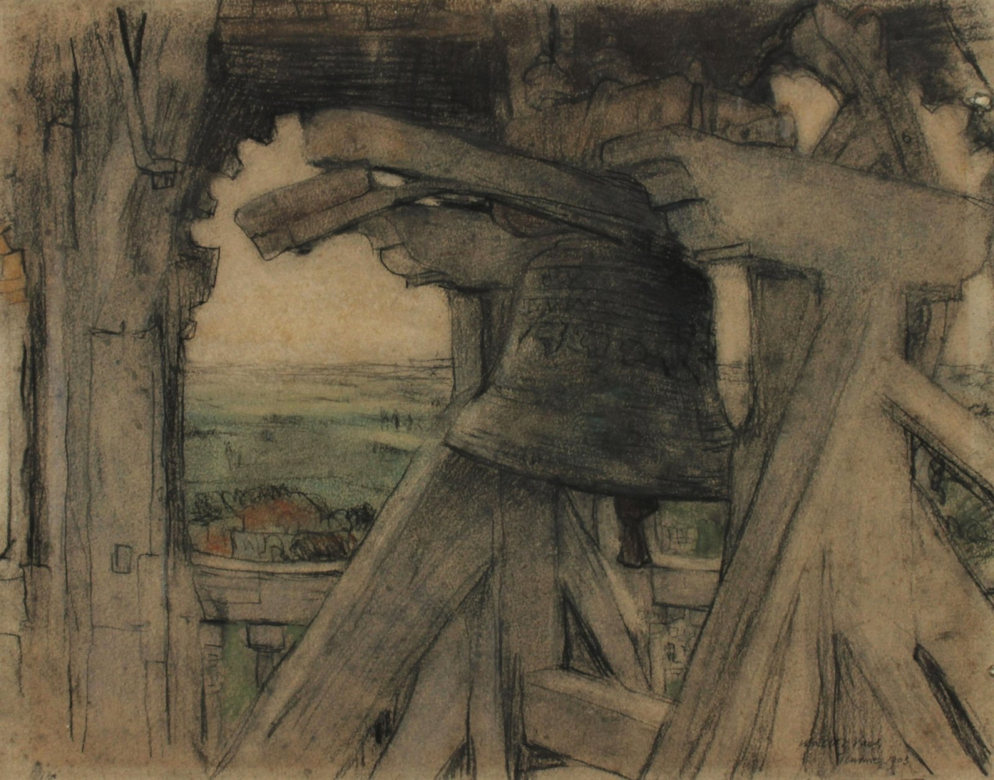 Walter Vaes | Walter Vaes - Bell Tower - charcoal on paper | MutualArt