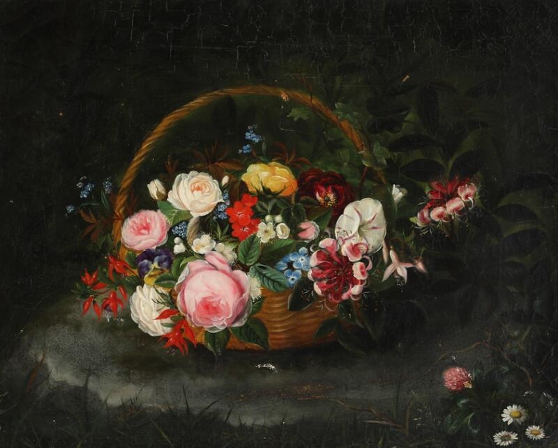 Johan Laurentz Jensen | Still life with flowers in a round basket ...