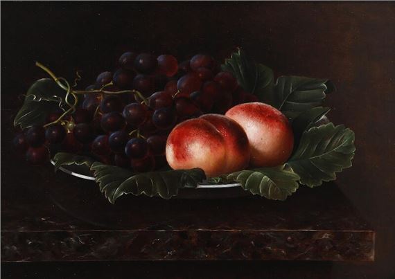 Johan Laurentz Jensen | Still life with a dish of grapes and peaches on ...