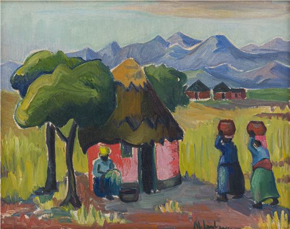 Maggie Laubser | Huts and Trees with Figures in a Landscape | MutualArt