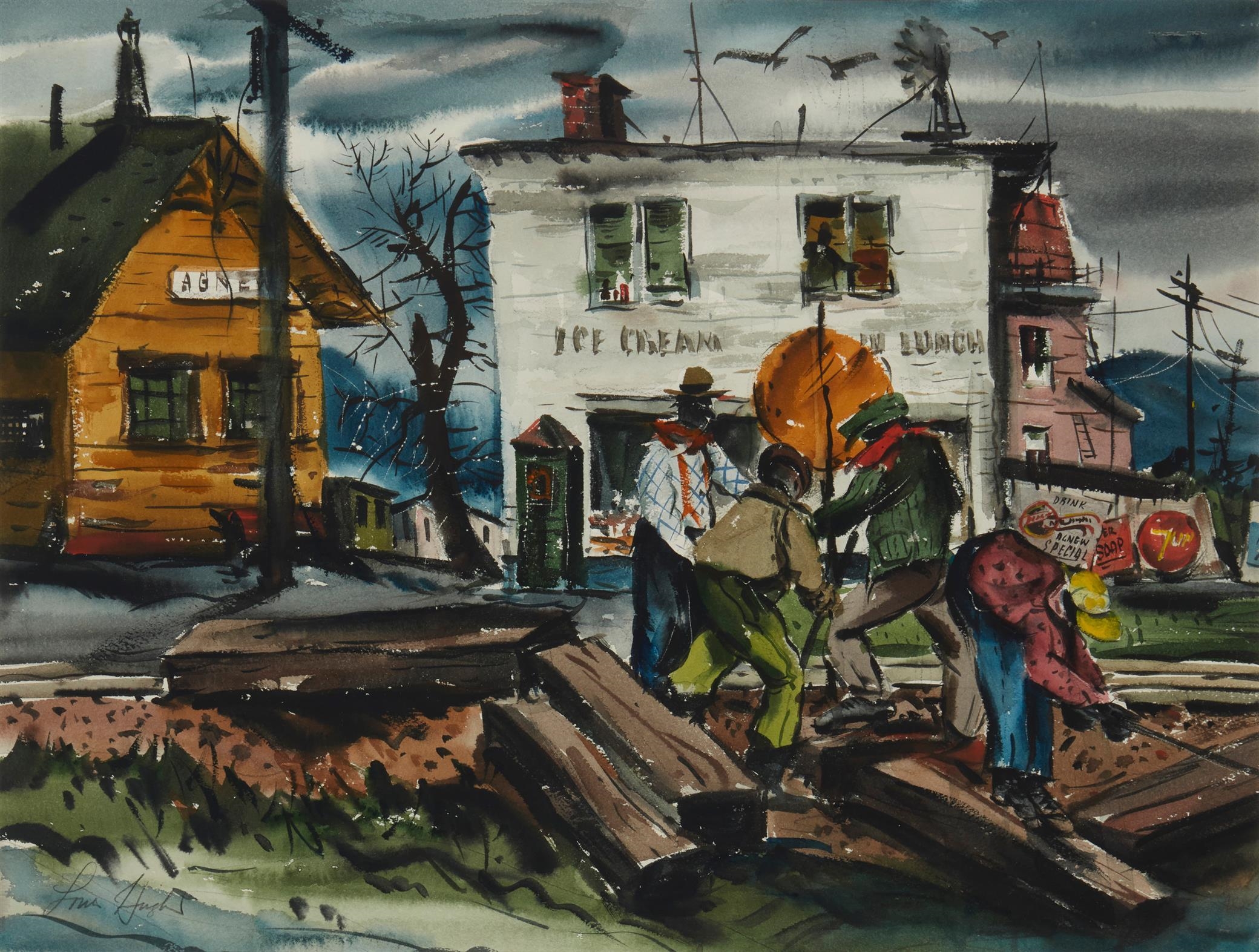 Louis Hughes | Figures working on a train track | MutualArt