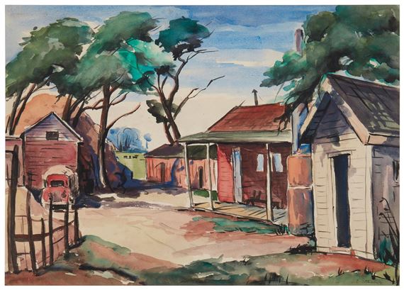 Elmer Stanhope | Rural town with cows in the distance | MutualArt