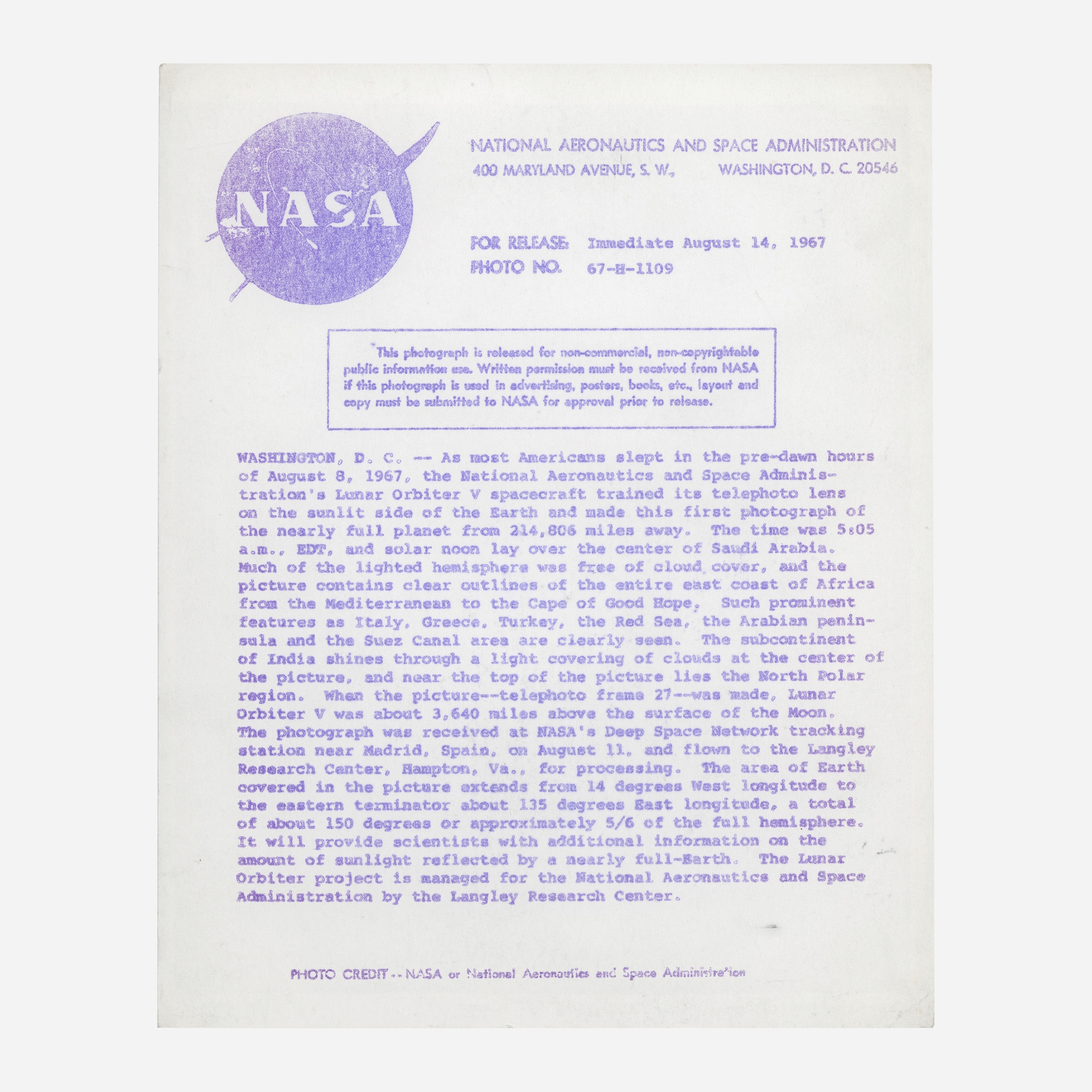 NASA | The first photograph of the nearly full Earth from lunar orbit, Lunar Orbiter V, 8 August ...