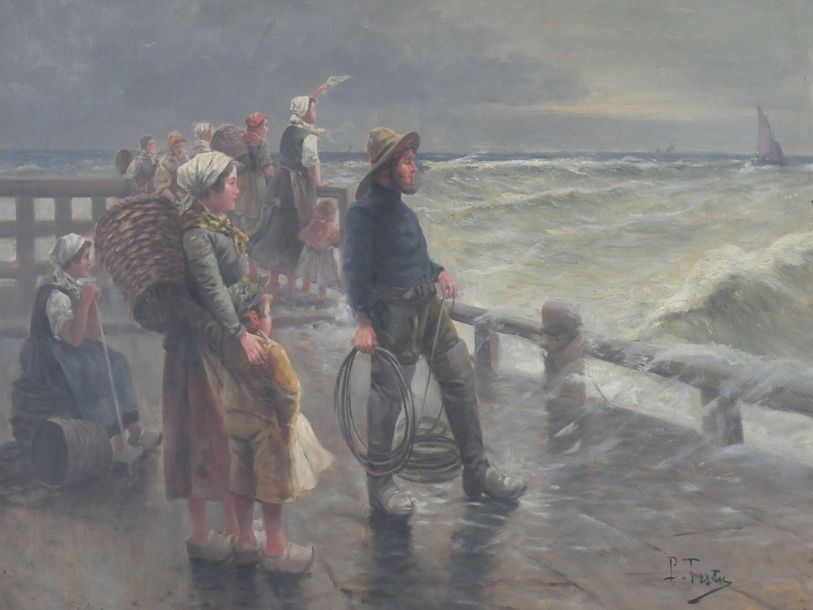 Pierre Testu | Bretons on the pier observing the agitated sea | MutualArt