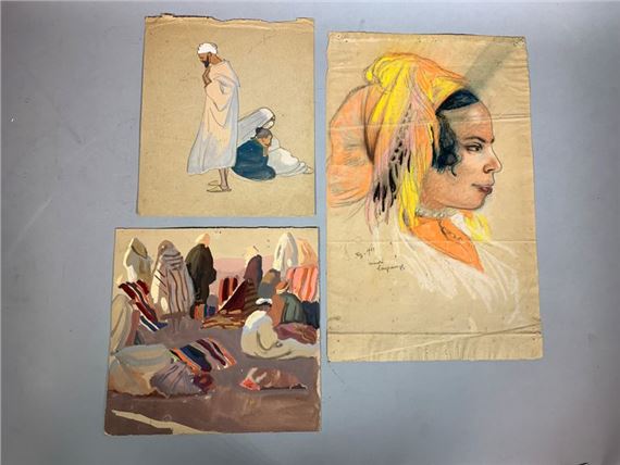 André Lagrange | Portrait of a Moroccan Woman; Moroccan Family; Arab Market (1923) | MutualArt