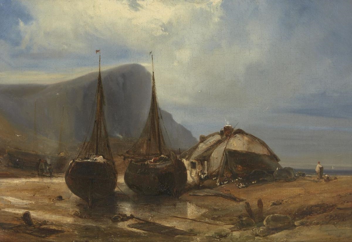 Eugène Isabey | A village with fishing boats by the sea (1839) | MutualArt