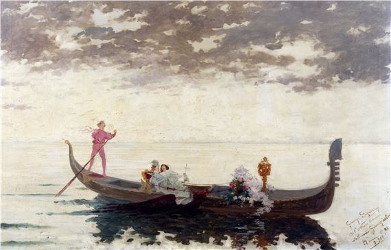 Giuseppe Signorini | Courtship in a gondola (1900) | MutualArt
