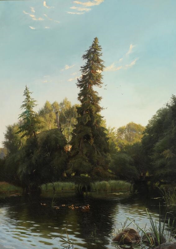 Georg Nicolaj Achen | A view of a forest lake with ducks and ducklings ...