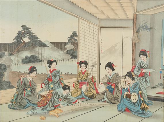 Japanese School, 19th Century | Musicians playing Shamisen, Koto, Taiko ...