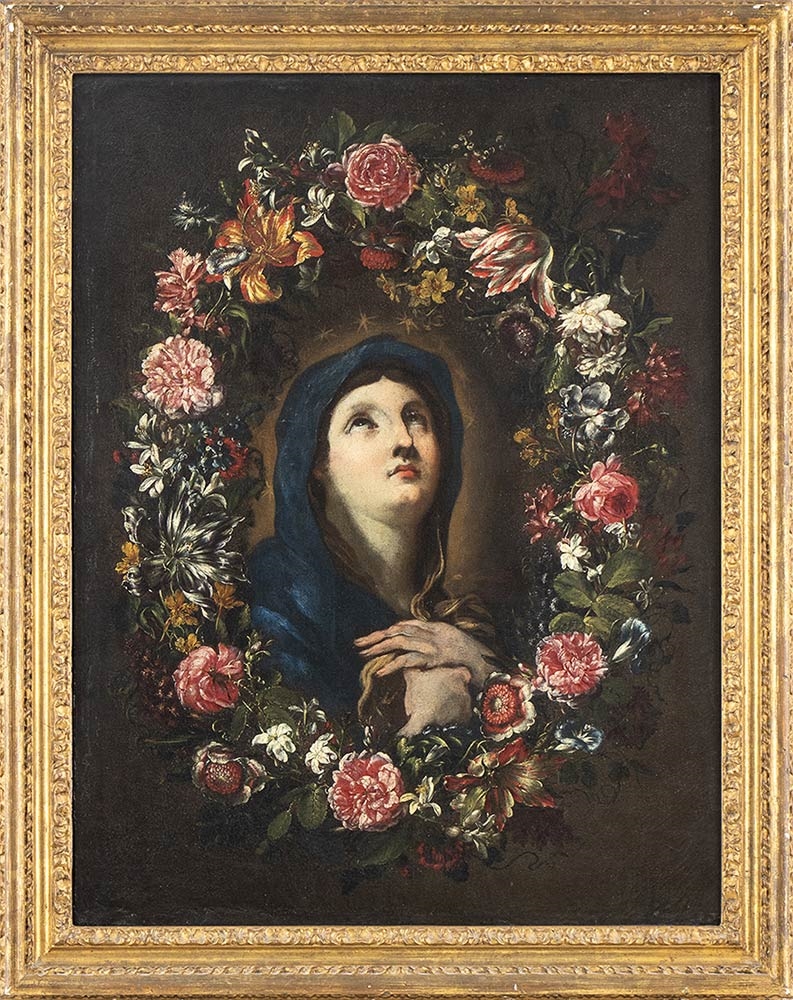 Roman School, 17th Century | Garland of flowers with Virgin Mary ...