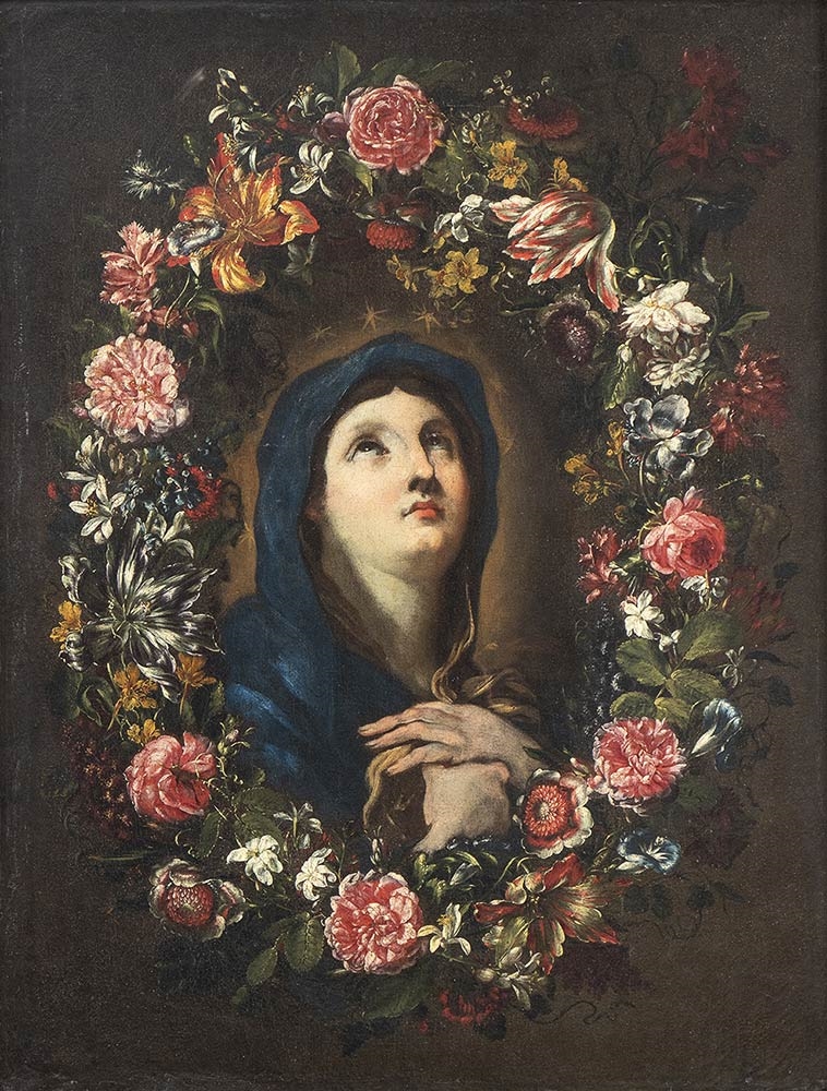 Roman School, 17th Century | Garland of flowers with Virgin Mary ...