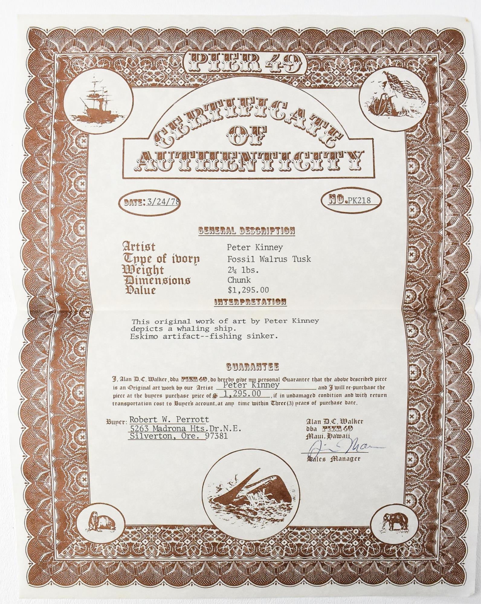 Peter Kinney | PETER KINNEY WALRUS TUSK SCRIMSHAW | MutualArt