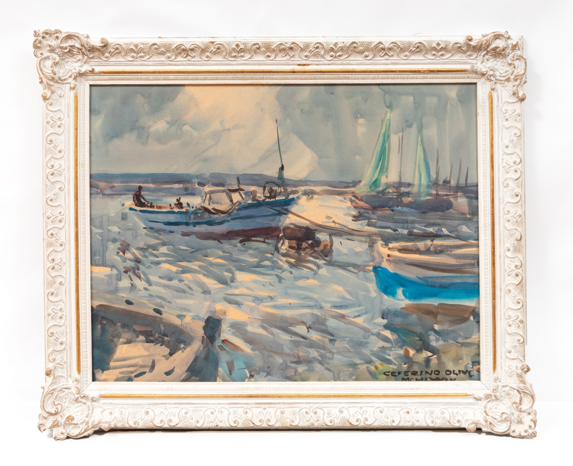 Ceferino Olivé | Marina con barcos y personajes | MutualArt