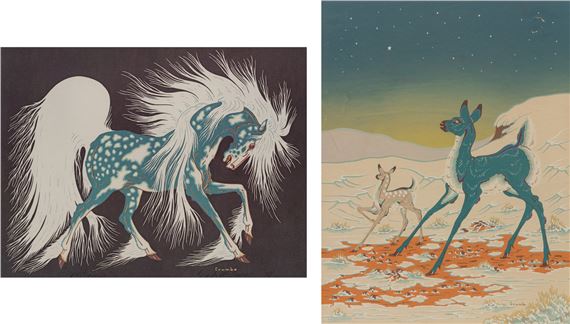 Woody Crumbo | Two Works: Blue Horse and Deer Pair | MutualArt