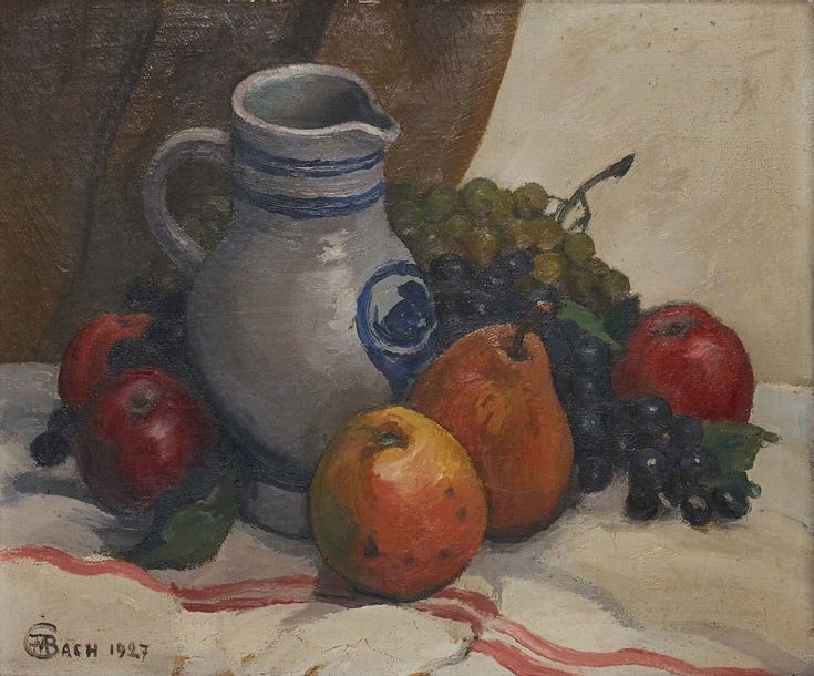 Marcel Bach | Still life with pitcher and fruits | MutualArt