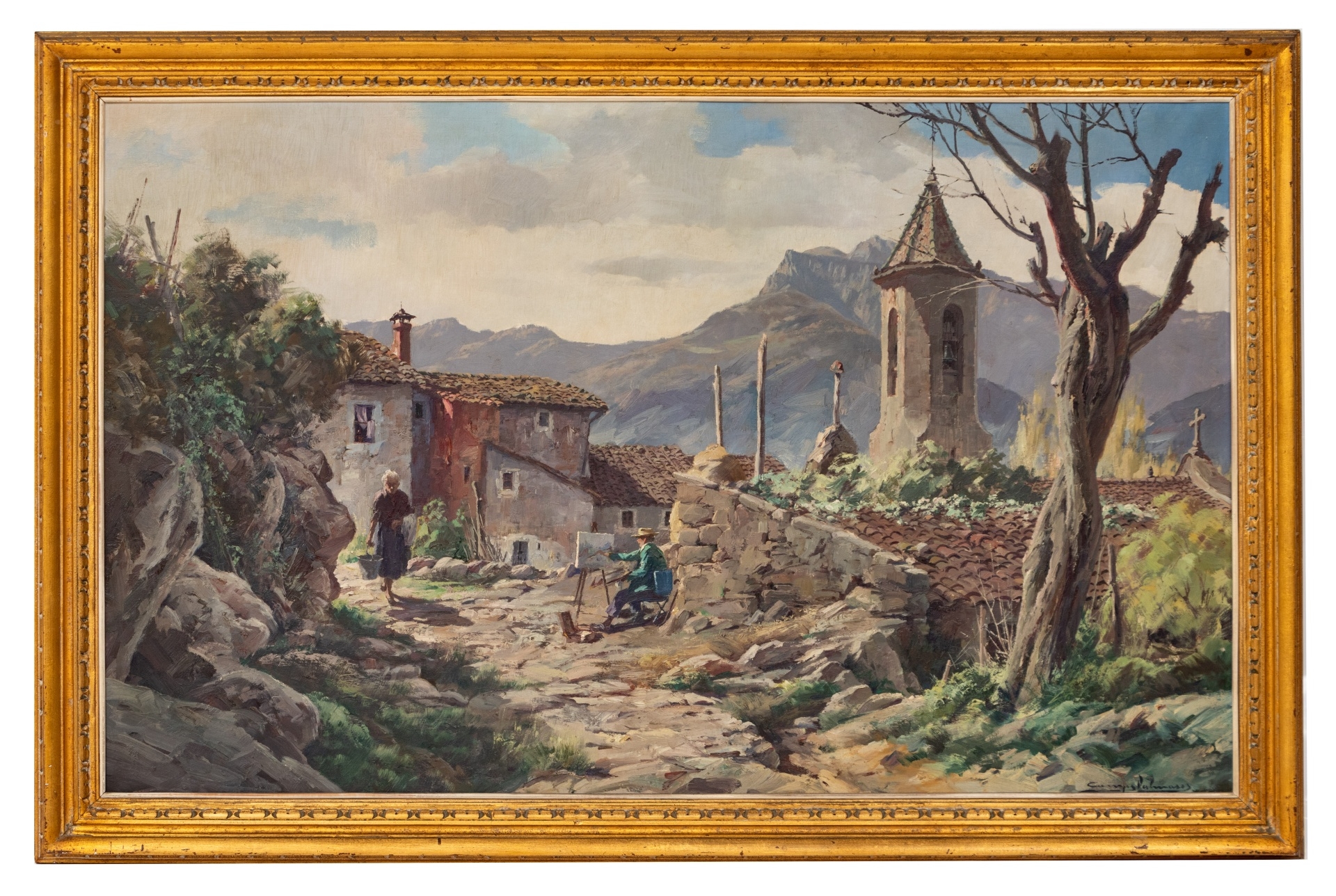 Francesc Camps Dalmases | Paisaje rural con anciana y pintor | MutualArt