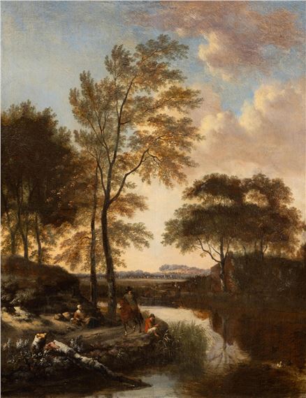 Jan Wijnants | An extensive wooded landscape with a herdsman resting by ...