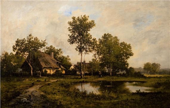 Léon Richet | A farm with a pond on the countryside | MutualArt