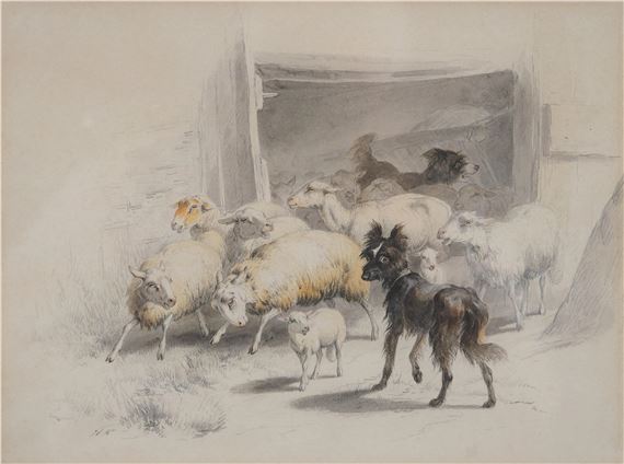 Henriette Ronner-Knip | Dogs guiding the sheep out of the shed | MutualArt