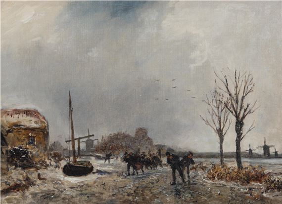 Johan Barthold Jongkind | A winter landscape with skaters, possibly on ...
