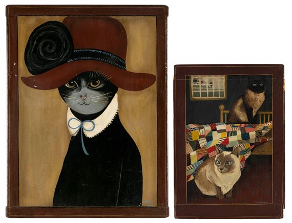 American Folk Art School | TWO AMERICAN FOLK ART PAINTINGS OF CATS BY ...