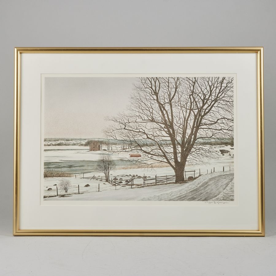 Reinhold Ljunggren | Vinterlandskao. Litograph in colors | MutualArt