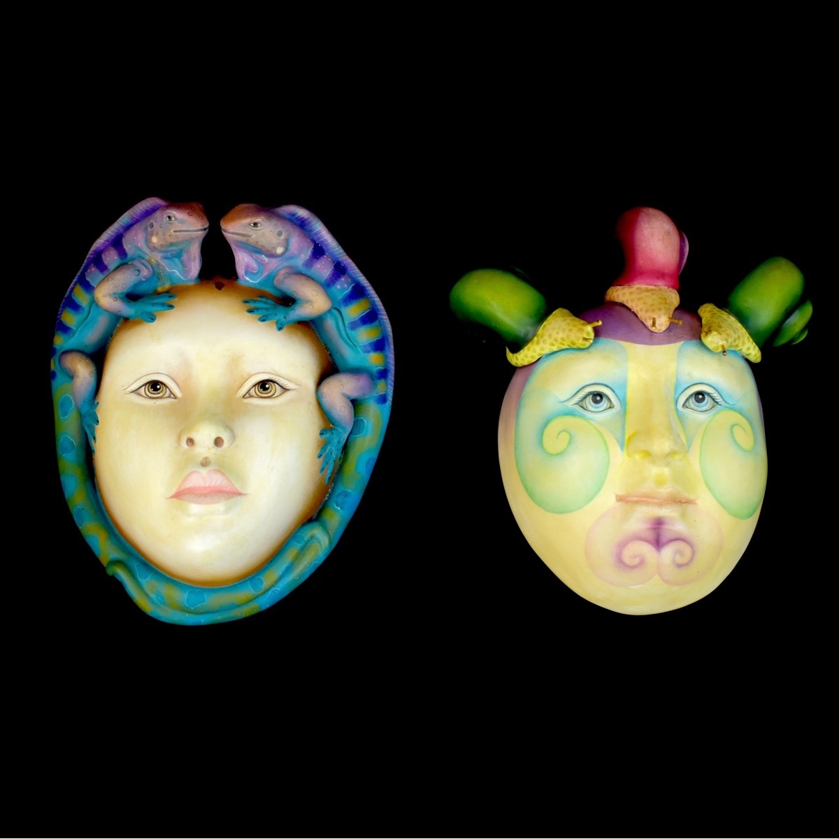 Sergio Bustamante | Pair of Hand Painted Ceramic Mask Faces | MutualArt