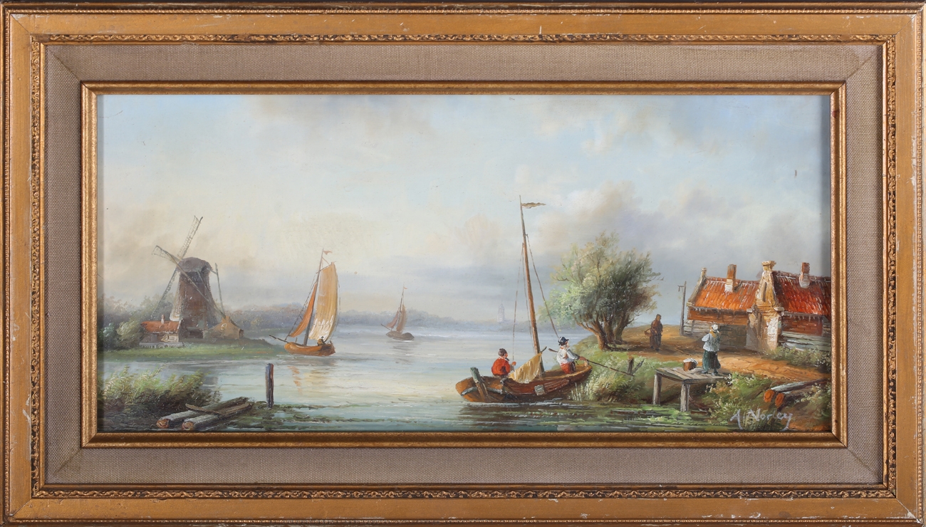 Adrian Norley | Dutch River Scene with Sailing Vessels, Cottages and ...