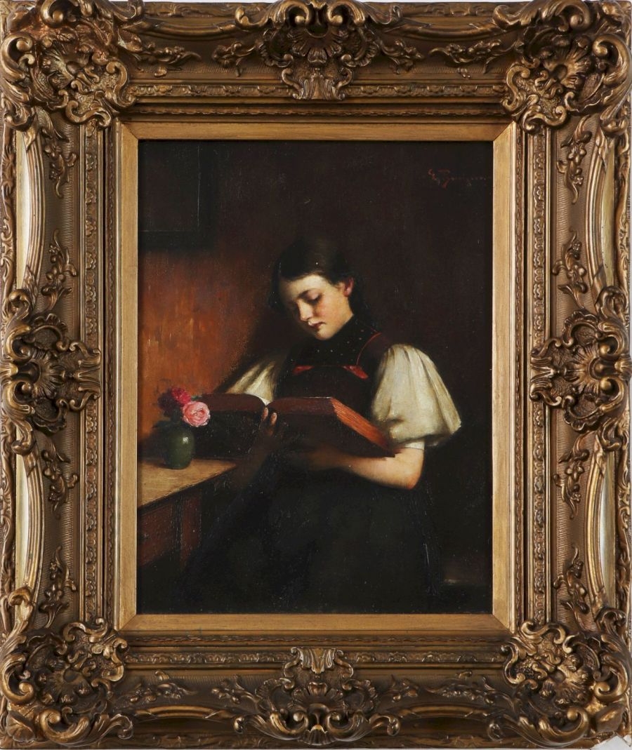 Georg Buchner | Lesendes Mädchen in oberbayerischer Tracht | MutualArt