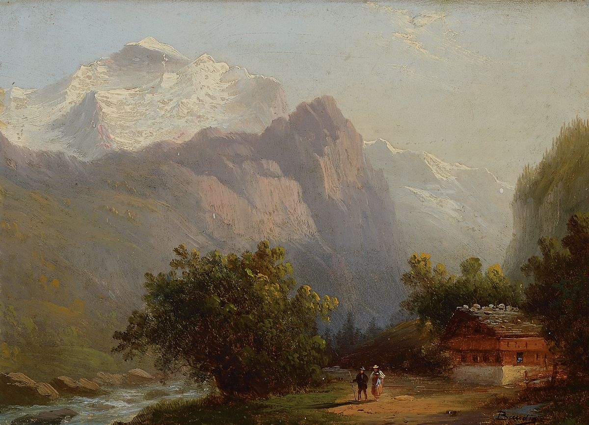 Eugène Baudin | Alpine landscape with mountain hut | MutualArt