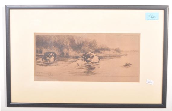 James Yates Carrington | Etching of dogs swimming after a rat or water ...