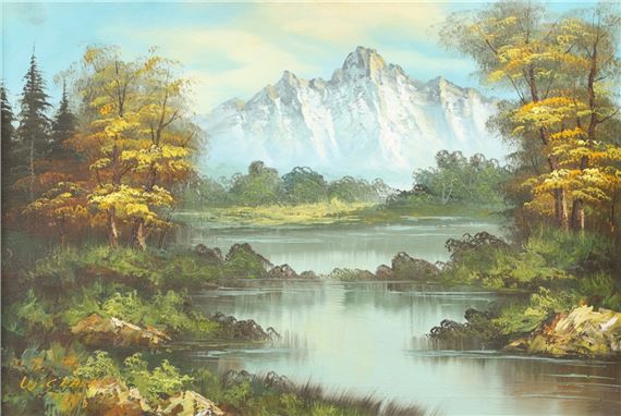 W Clarke | Reflective lake landscape with mountain range in background ...