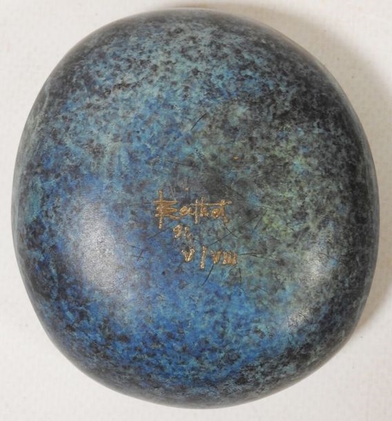 René Berthet | Pebble in bronze with a shaded blue patina opening and ...