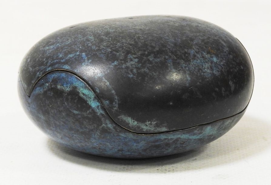 René Berthet | Pebble in bronze with a shaded blue patina opening and ...