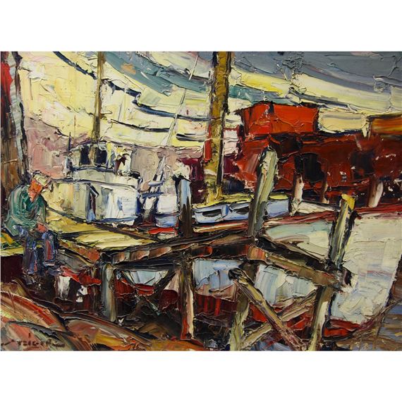Frederick Steiger | WHARF SCENE WITH SEATED FISHERMAN | MutualArt