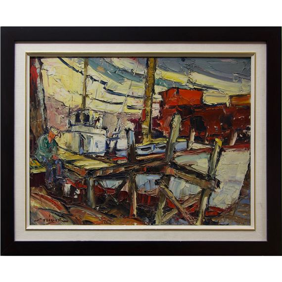 Frederick Steiger | WHARF SCENE WITH SEATED FISHERMAN | MutualArt