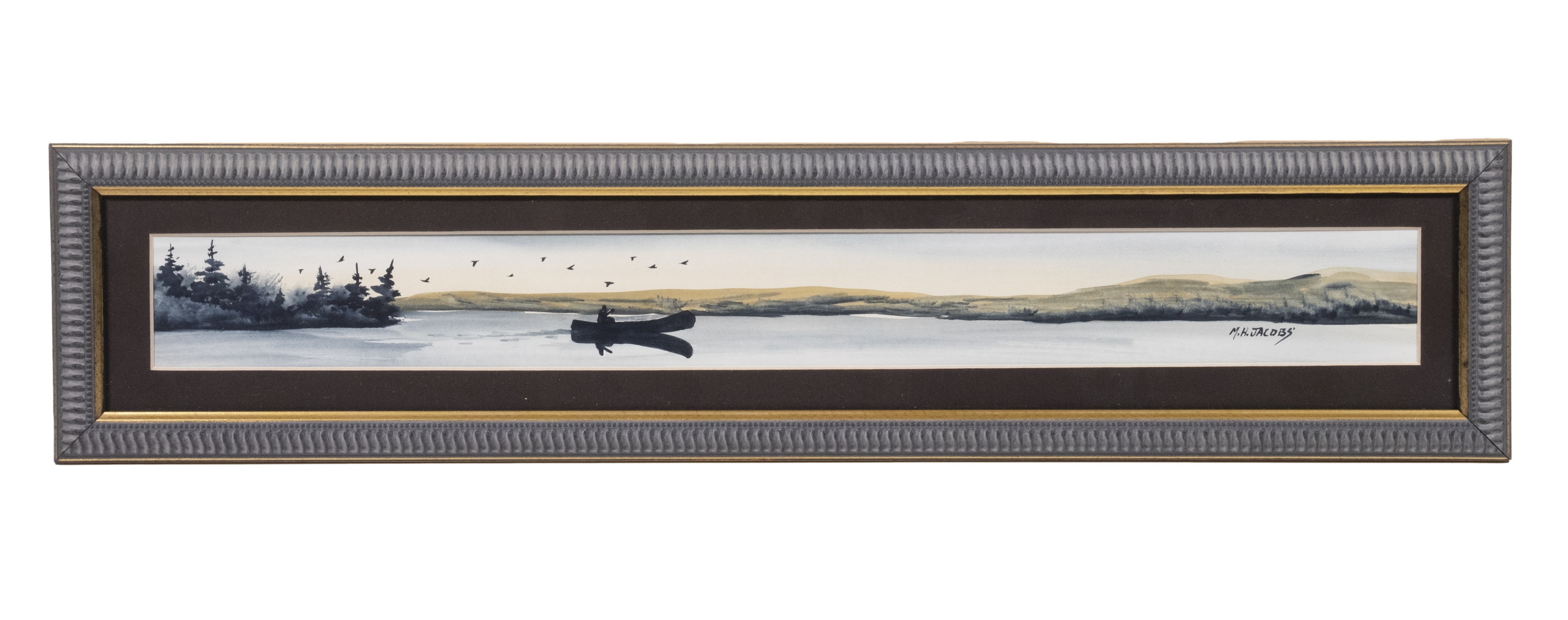 M. H. Jacobs | Panoramic water color of man in canoe on lake | MutualArt