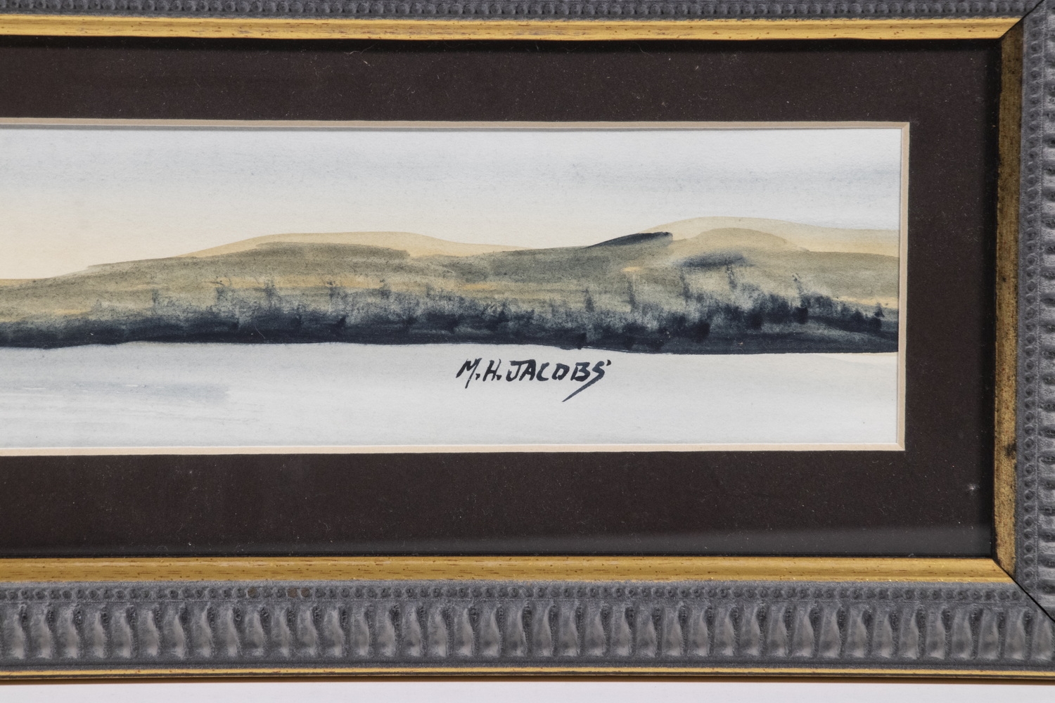 M. H. Jacobs | Panoramic water color of man in canoe on lake | MutualArt