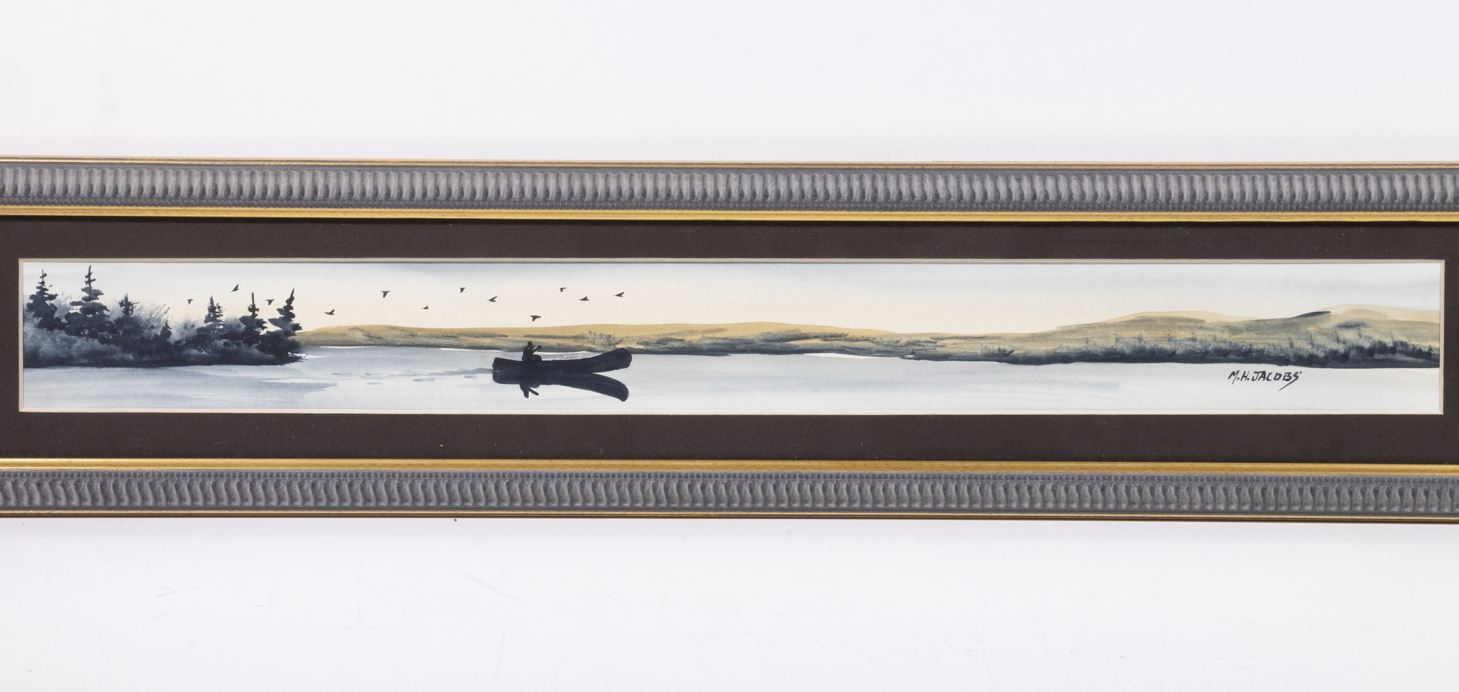 M. H. Jacobs | Panoramic water color of man in canoe on lake | MutualArt