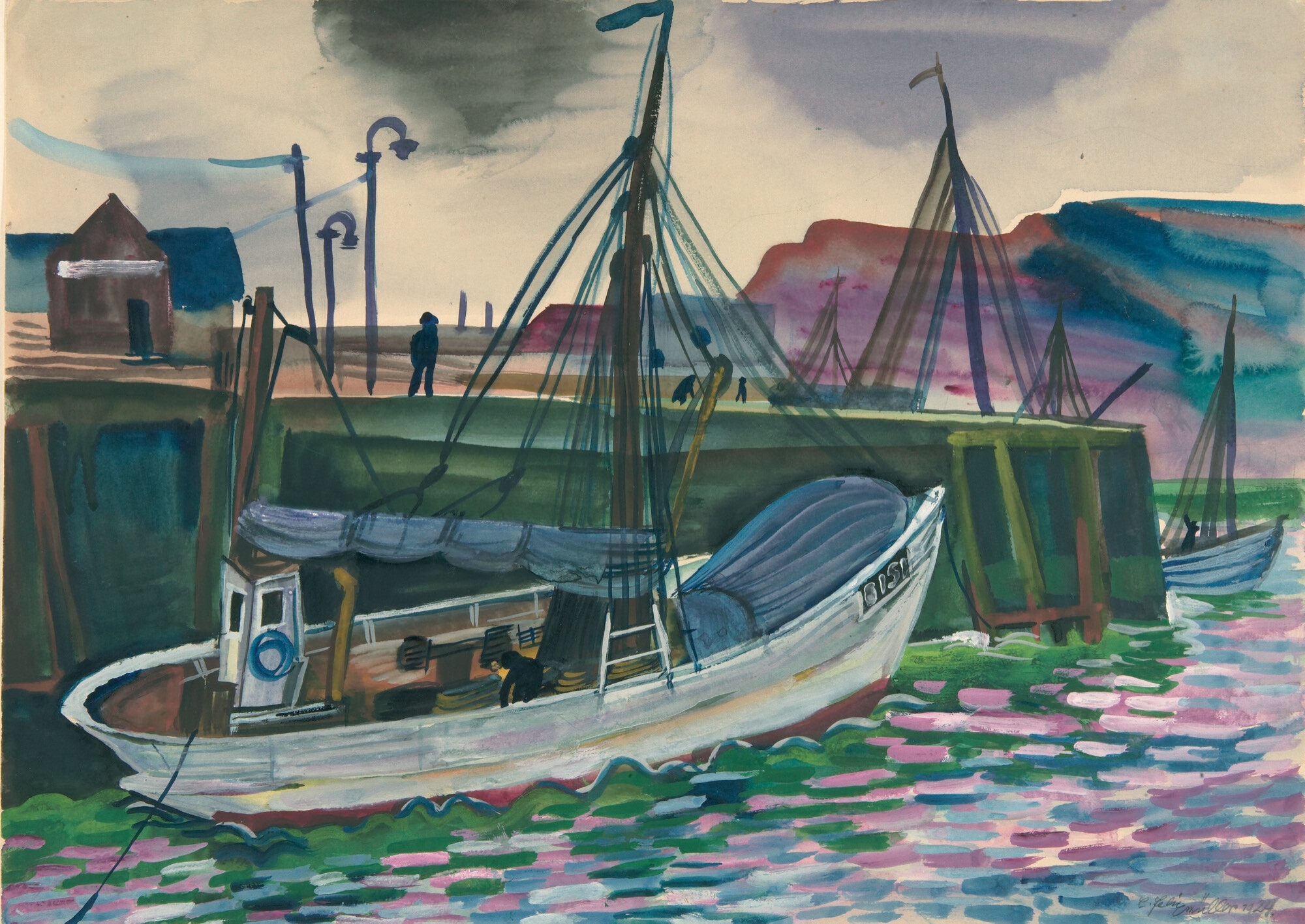Conrad Felixmüller | “Helgoland Hafen – Fischkutter”. (1924) | MutualArt