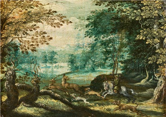 Flemish School, 16th Century | Forest Landscape with Stag Hunt. | MutualArt