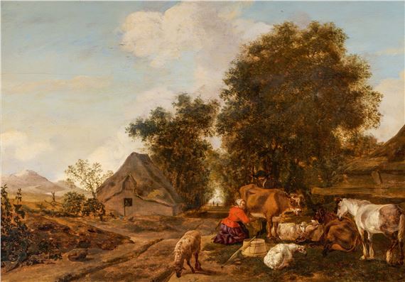 Emanuel Murant | Dutch Village Road with a Peasant Woman Milking a Cow ...