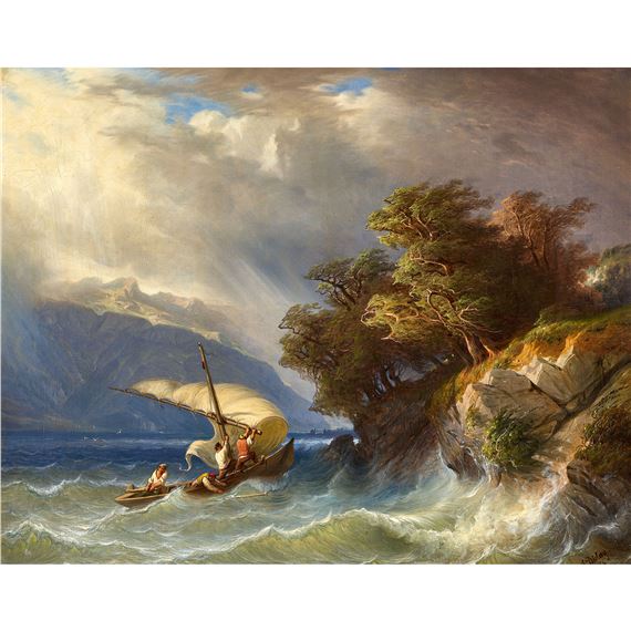 François Diday | Stürmischer See mit Segelboot in Not (1864) | MutualArt