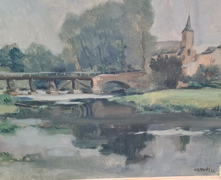 Gustave Camus | Bridge over the river at the foot of the village ...