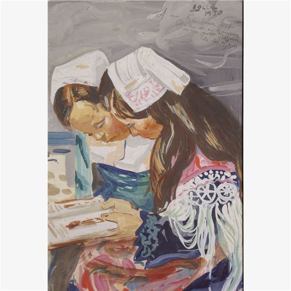 Bernard Locca | Deux jeunes bretonnes à la lecture (1950) | MutualArt