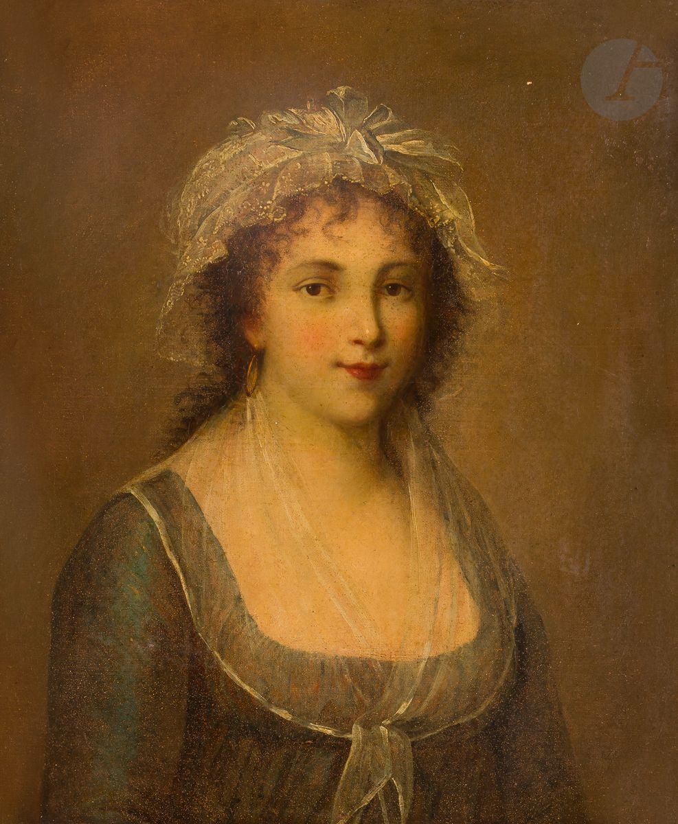 French School, 19th Century | Portrait de femme à la robe rouge tenant ...