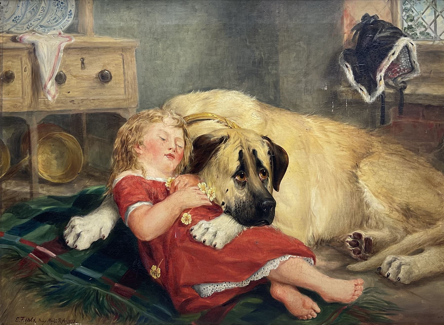 Edwin Frederick Holt | Girl and Hound Resting in Cottage (1879) | MutualArt